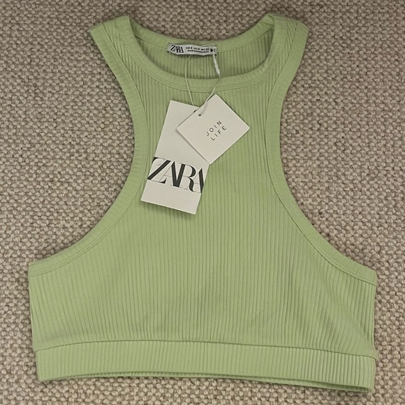 Zara | Tops | Zara Green Ribbed Cropped High Neck Tank Top Size S ...